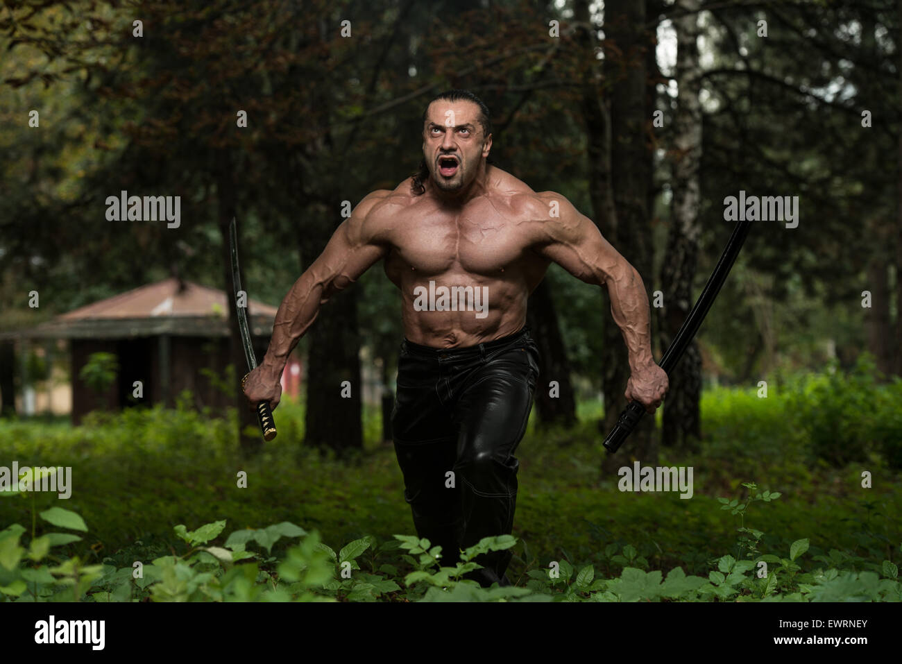 Action Hero Muscled Man Holding A Ancient Sword - Standing In Forest ...