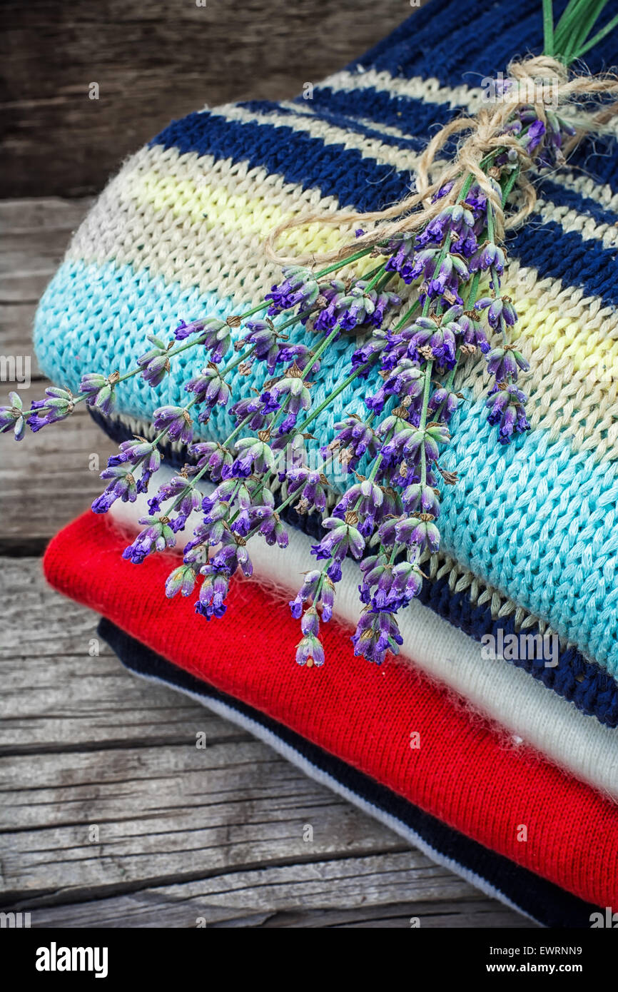 pure wool sweaters mothproof sprigs of lavender.Photo tinted.Selective ...