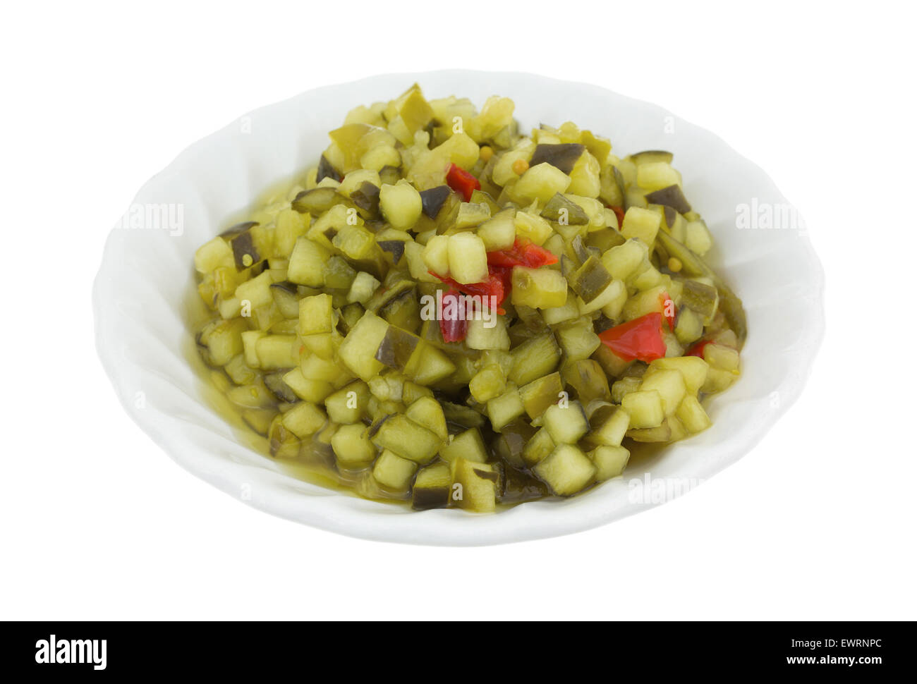 A small bowl of delicatessen style sweet relish isolated on a white ...
