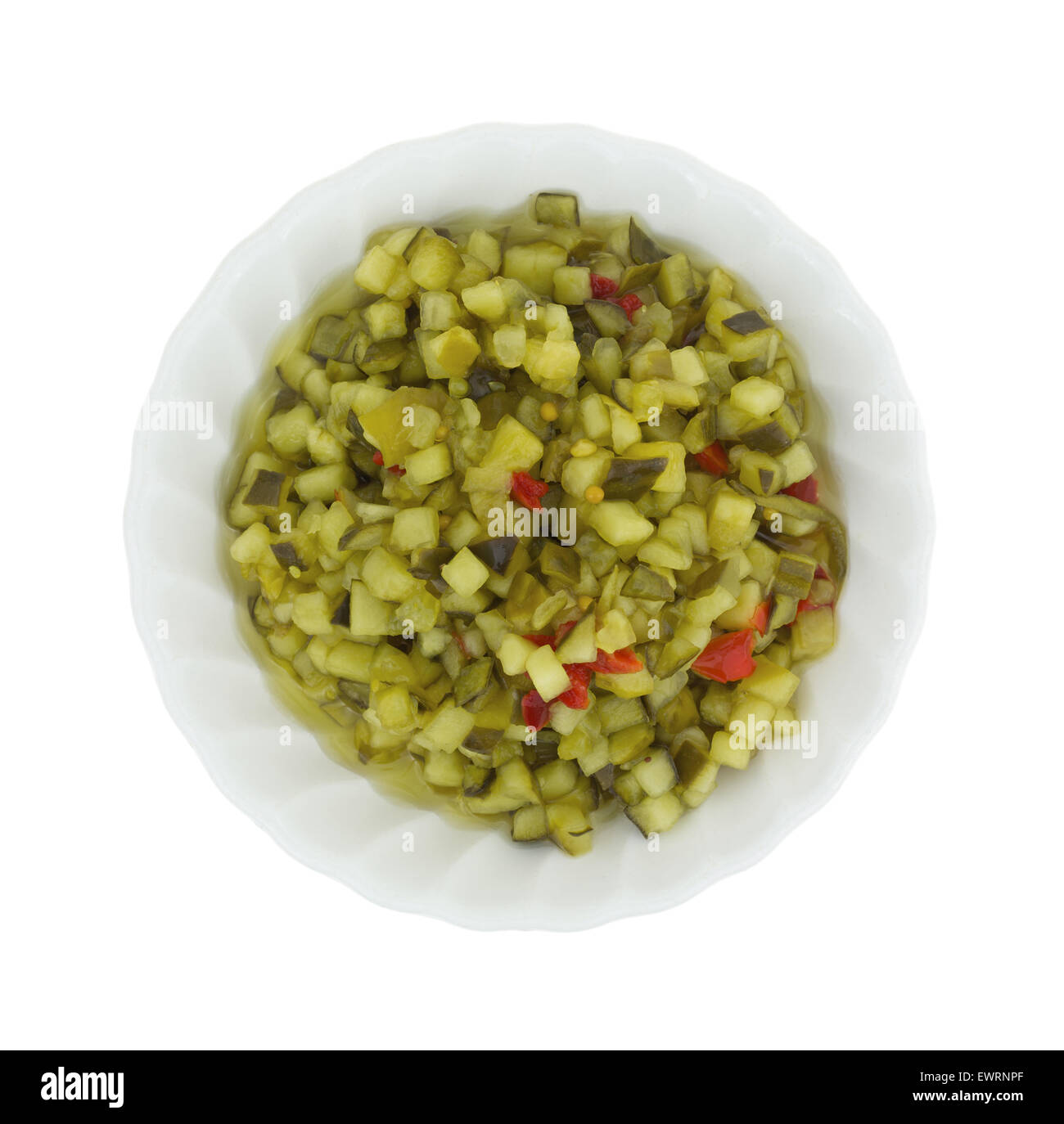 Top view of a small bowl of delicatessen style sweet relish isolated on ...