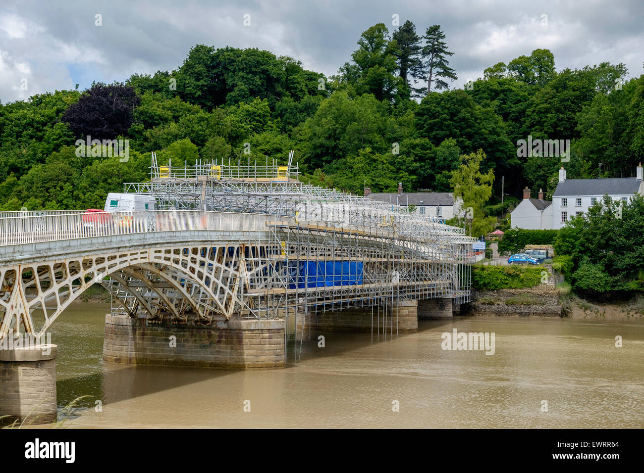 Old Wye Bridge with scaffolding for repair and maintenance over River ...