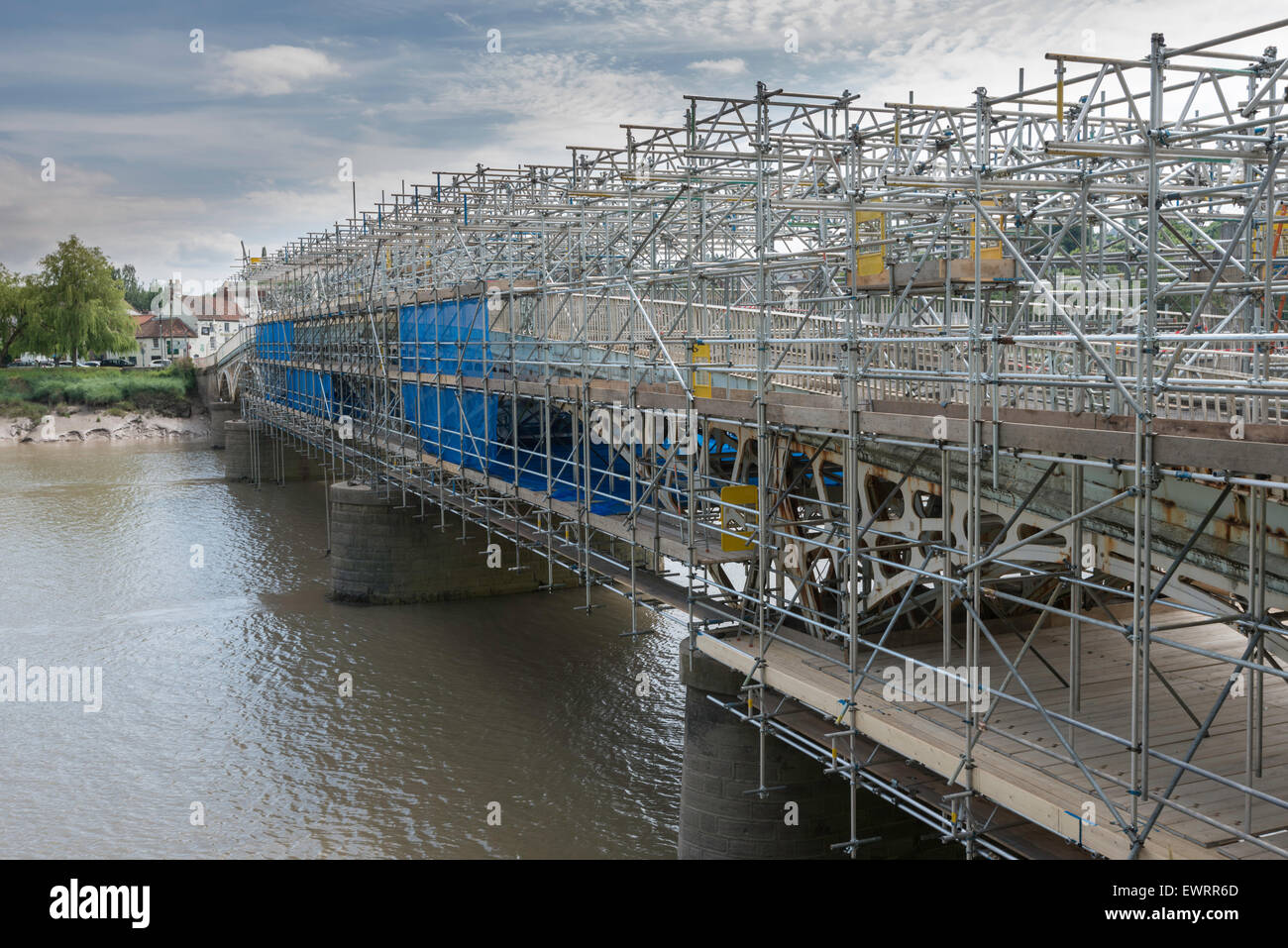 Scaffolding covering Old Wye Bridge over River Wye between England and ...