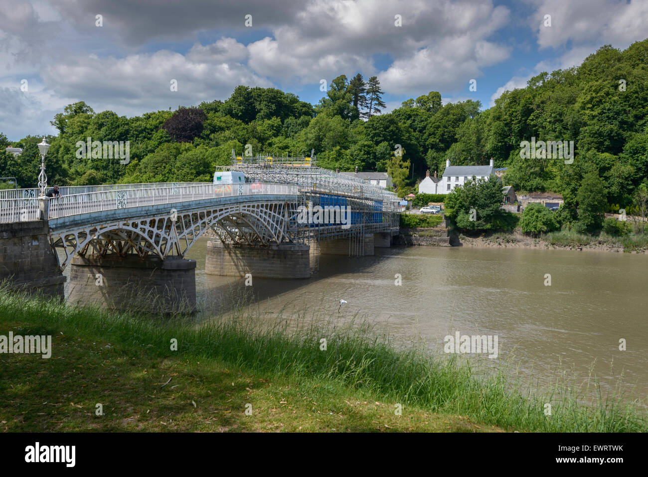 Old Wye Bridge over River Wye from Chepstow side of bridge, looking ...
