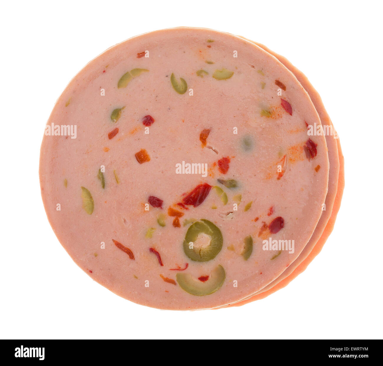 Top view of a small stack of olive loaf luncheon meat isolated on a ...