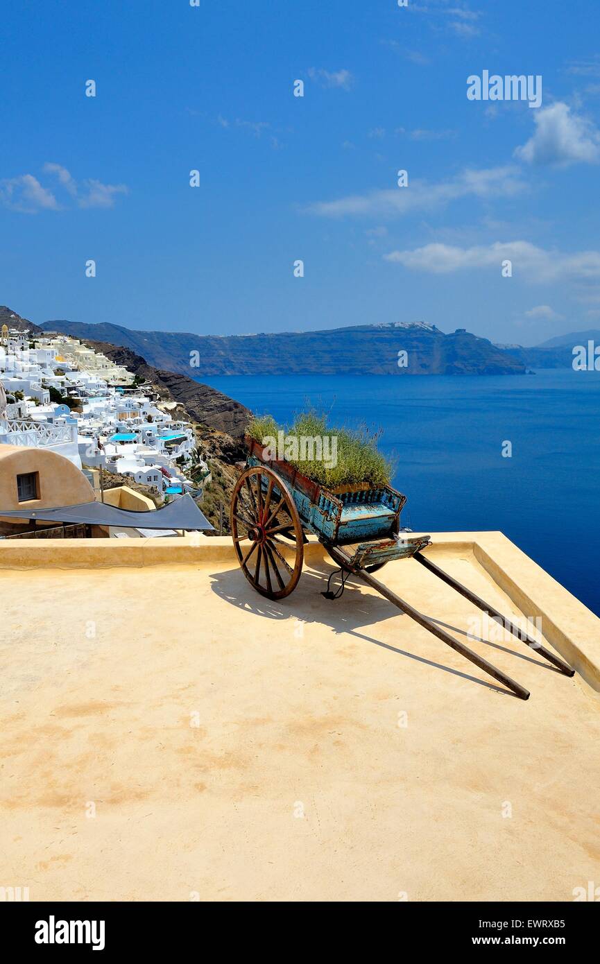 A lavender cart displayed on a rooftop in the village of Oia Santorini ...