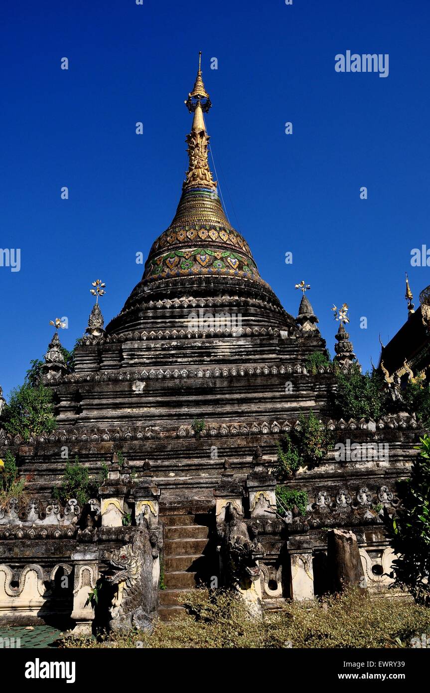 Chiang Mai, Thailand: Dark gray stone bell-shaped Chedi with a stepped ...