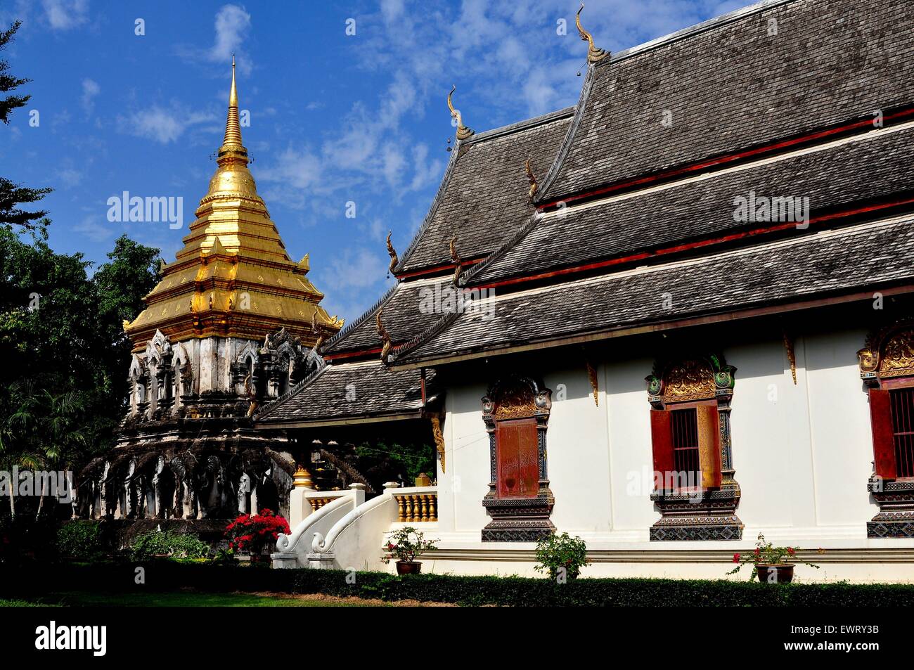 Chiang Mai, Thailand: Ubosot sanctuary hall and square Chedi with its ...