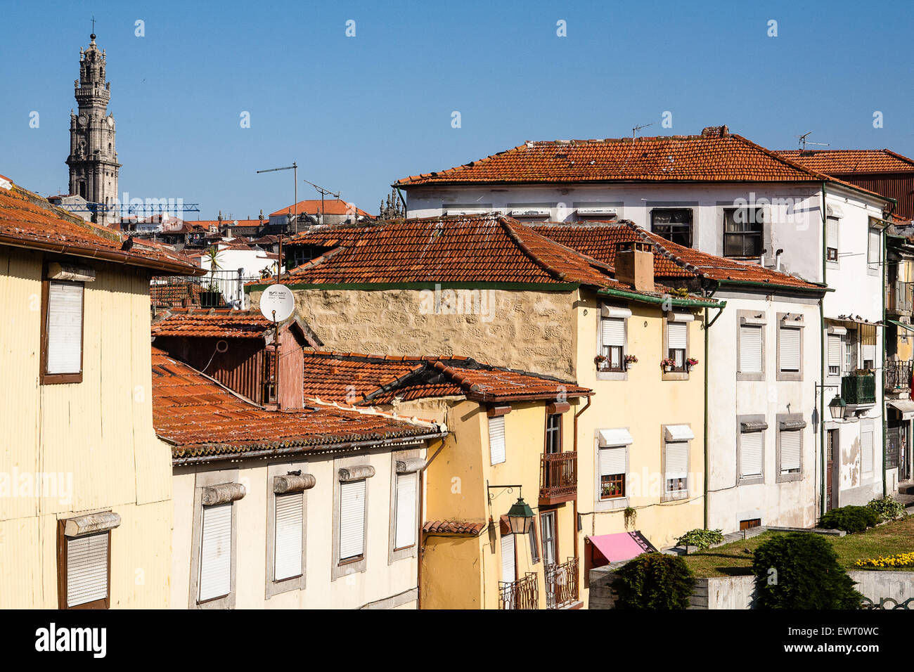 Roof tiles of houses in The Ribeira district, the medieval area on the ...
