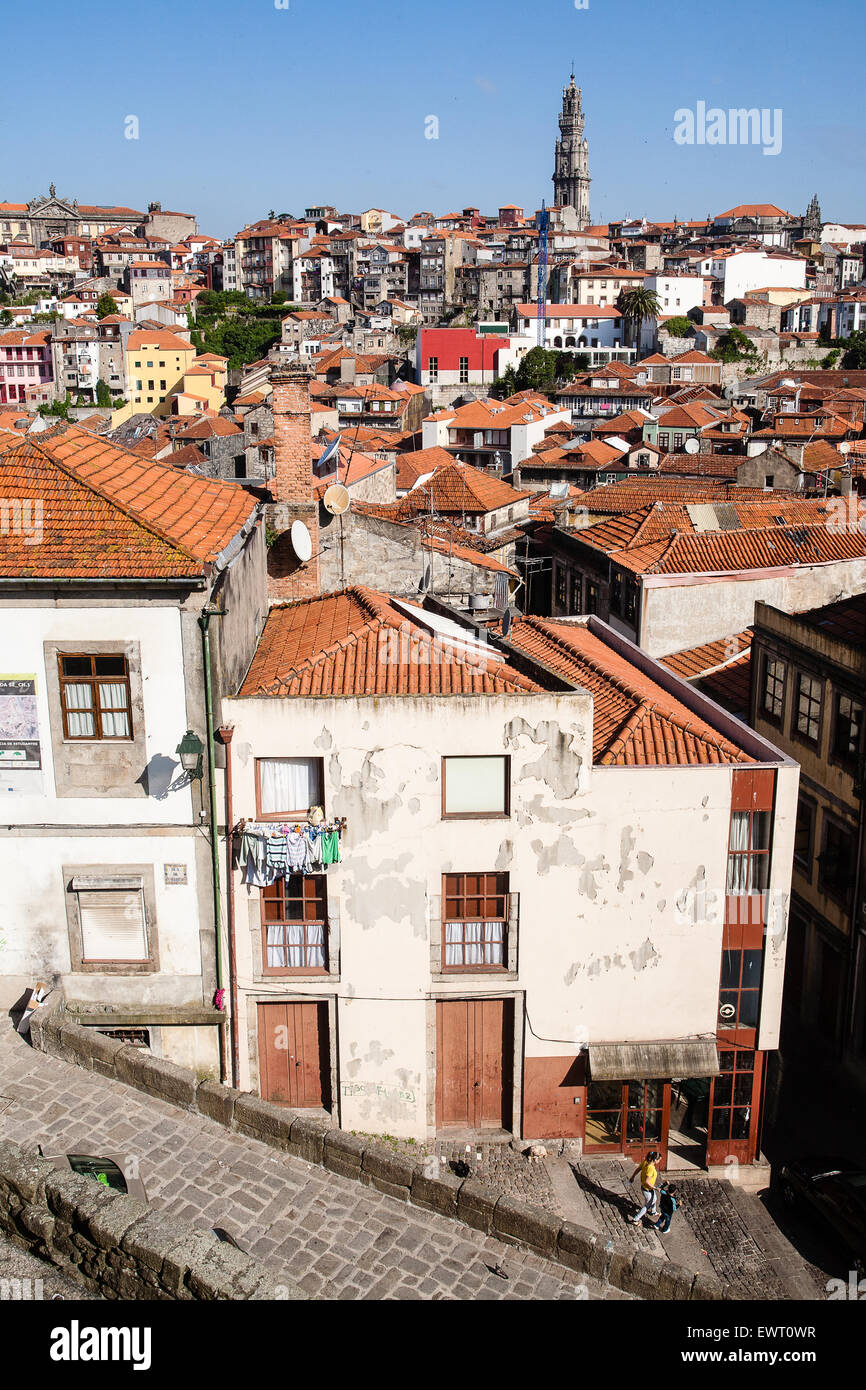 Roof tiles of houses in The Ribeira district, the medieval area on the ...