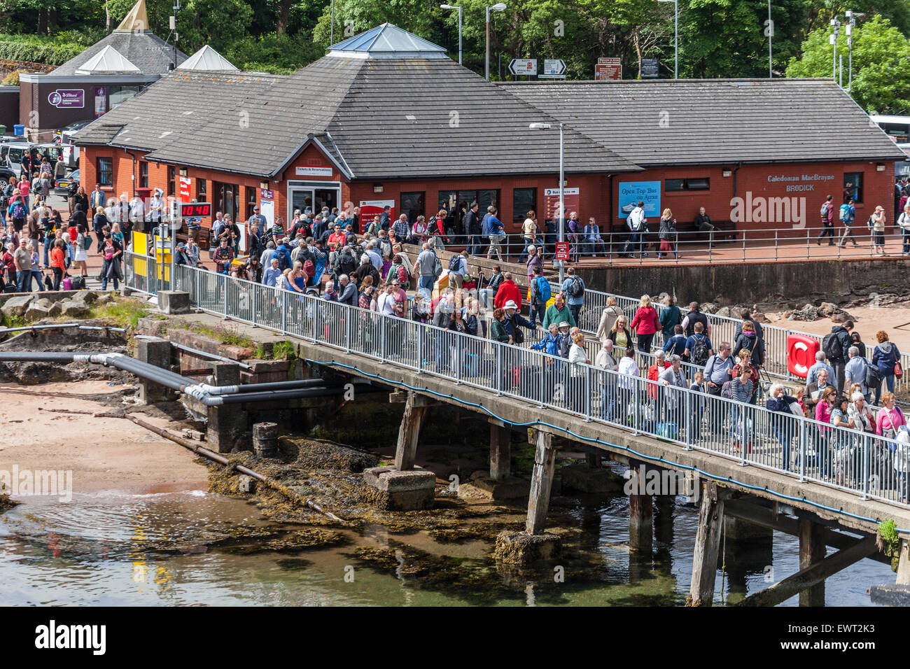 Passengers waiting at Brodick Pier to board the Arran Ferry, while ...