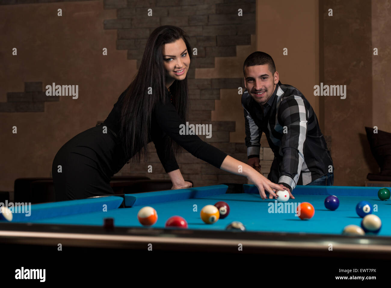 Young Caucasian Man Receiving Advice On Shooting Pool Ball While ...