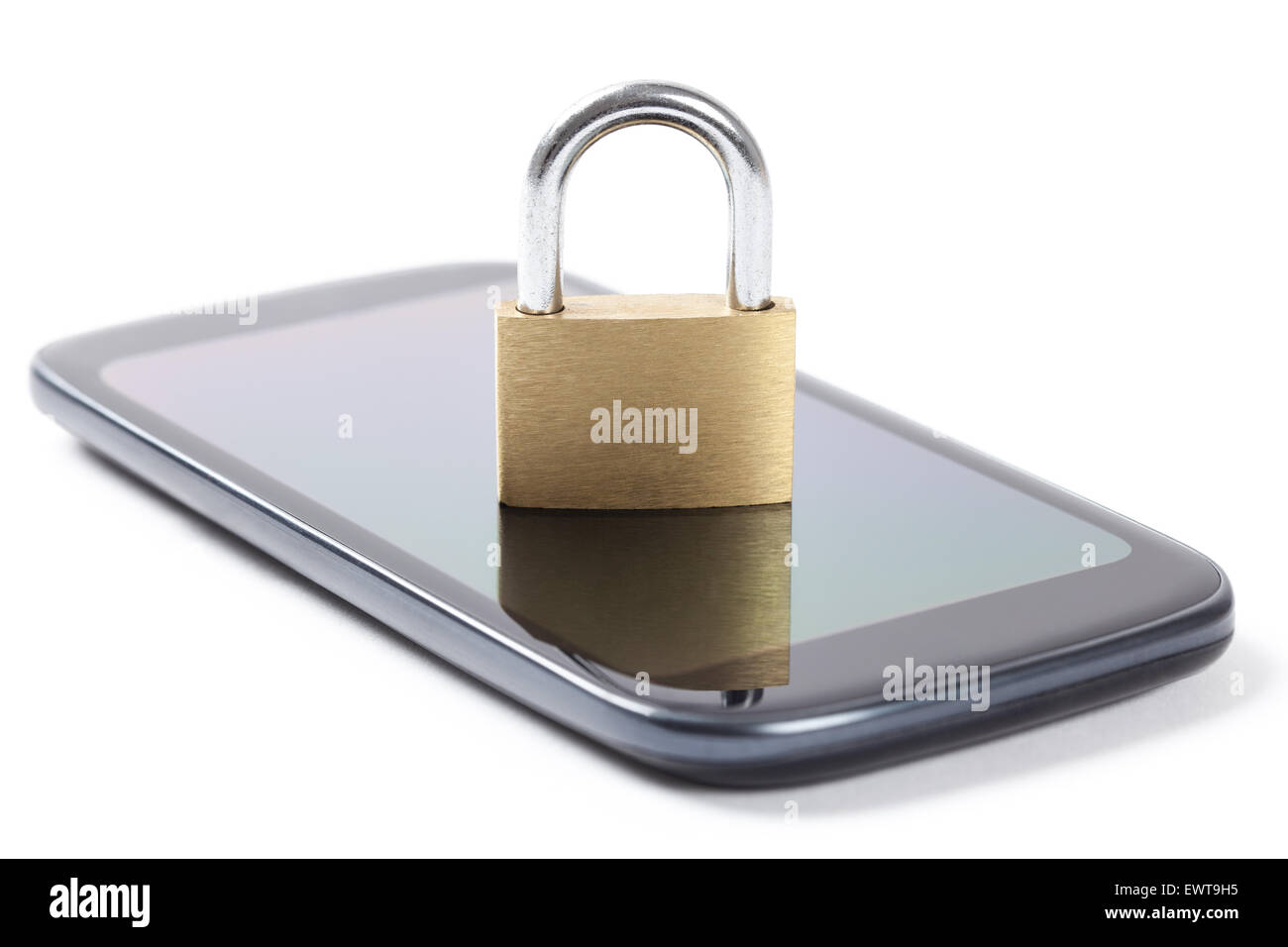 Locked padlock put on a phone's screen isolated on white background ...