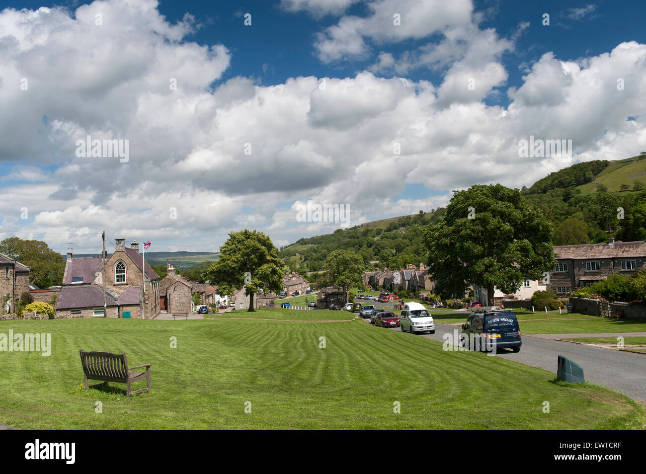 Looking down the village green at West Burton in Wensleydale, Yorkshire ...