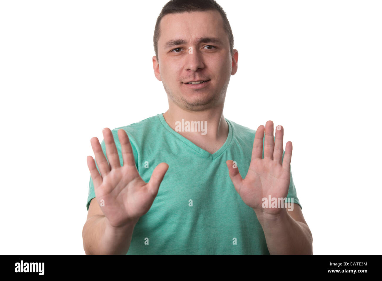 Afraid Man In Defense Attitude Gesturing Stop With Hands - Isolated On ...
