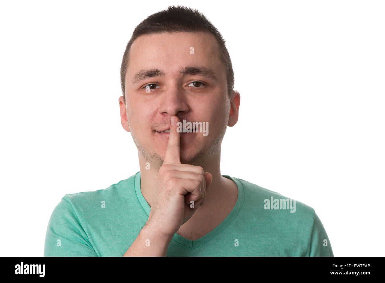 Portrait Of Young Handsome Man Quiet Gesture With Finger - Isolated On ...