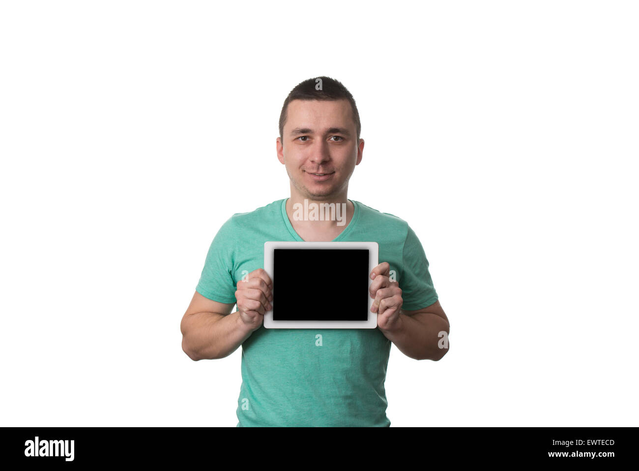 Portrait Of Young Man Showing Blank Taplet Pc - Isolated On White ...