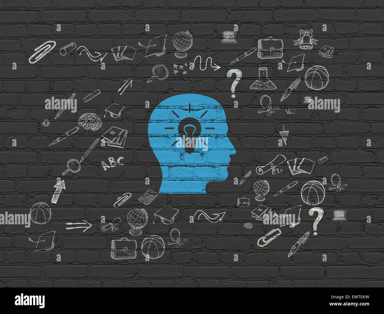 Learning concept: Head With Light Bulb on wall background Stock Photo ...