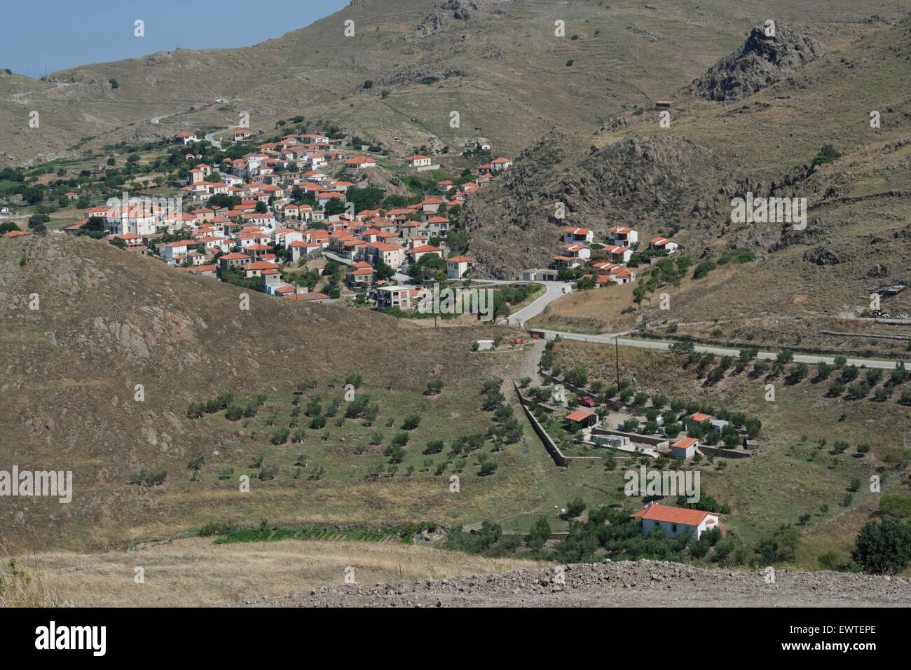 Wide east-oriented side view of Thanos village settlement. Lemnos or ...