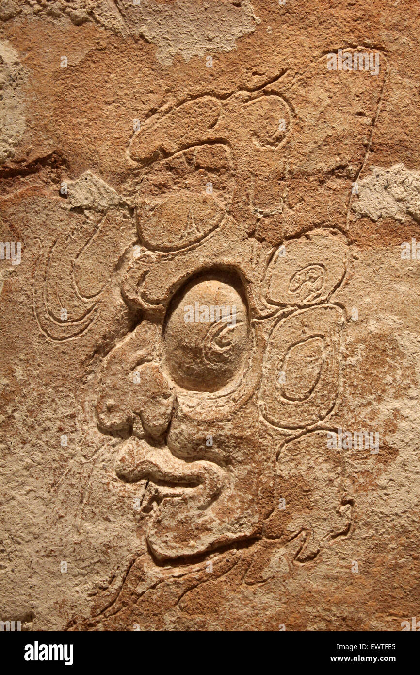 Brick showing The Face Of The Maya Sun God, Comalcalco, Tabasco, Mexico ...