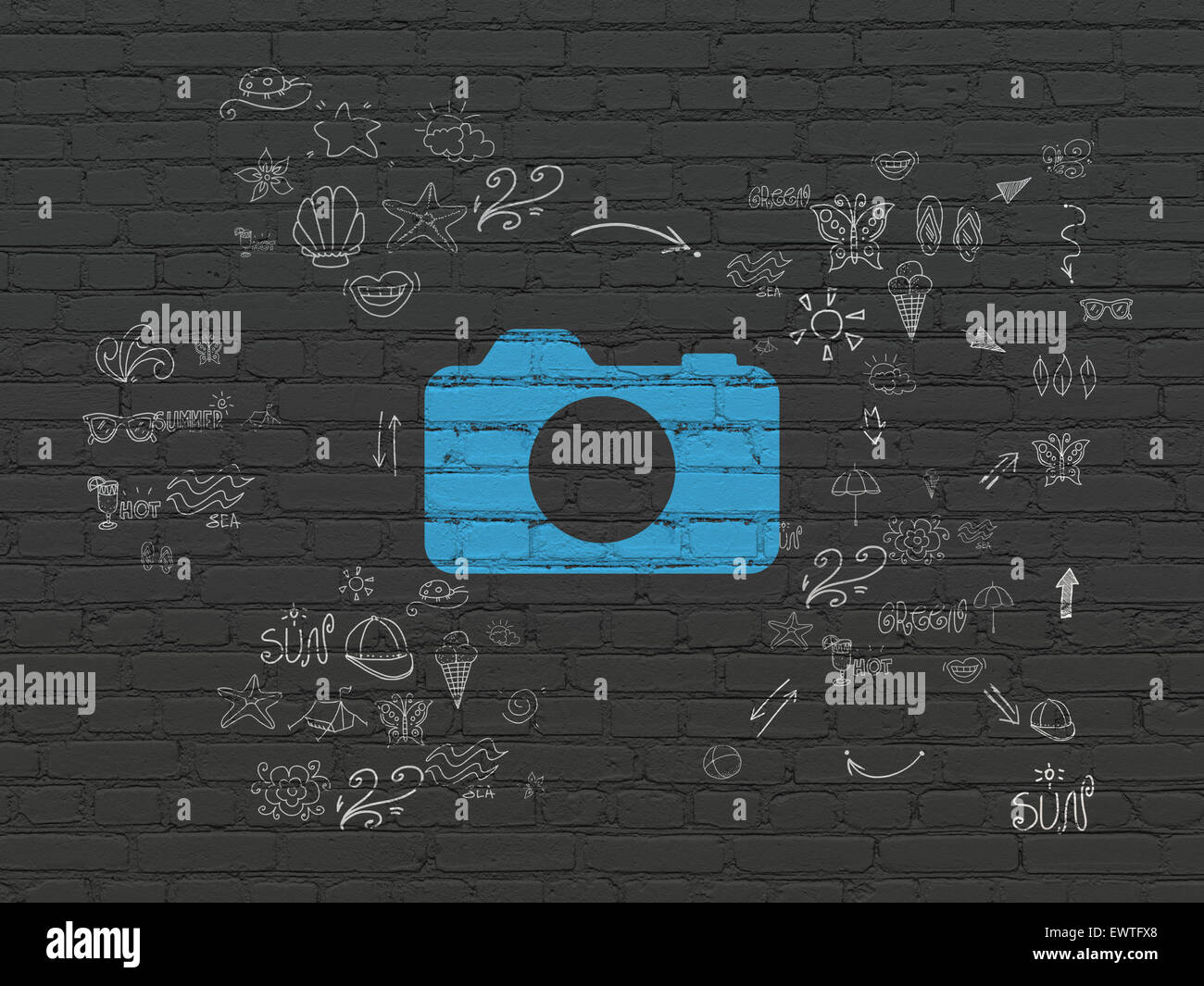 Travel concept: Photo Camera on wall background Stock Photo - Alamy