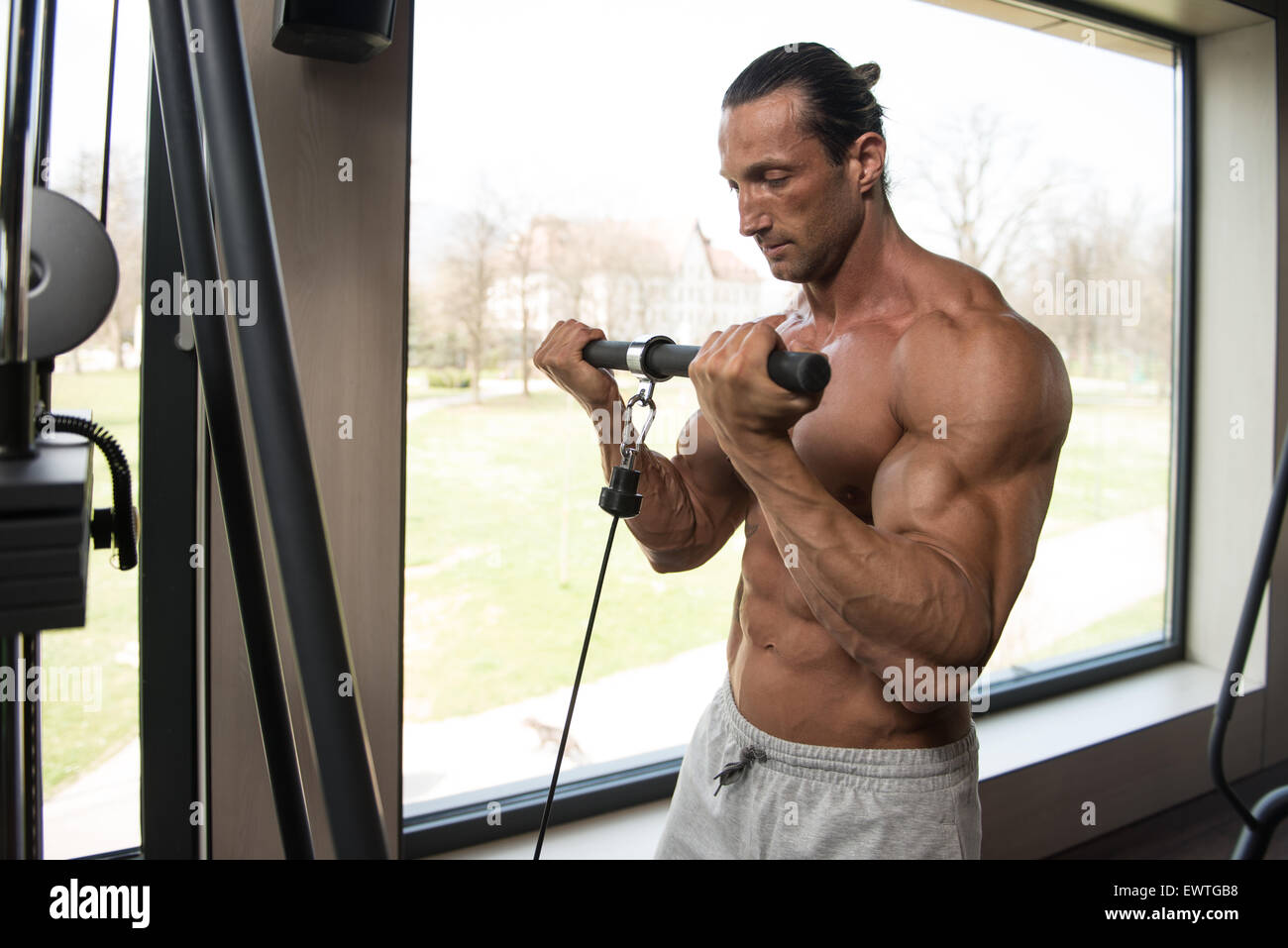 Muscular Mature Man Bodybuilder Doing Heavy Weight Exercise For Biceps ...
