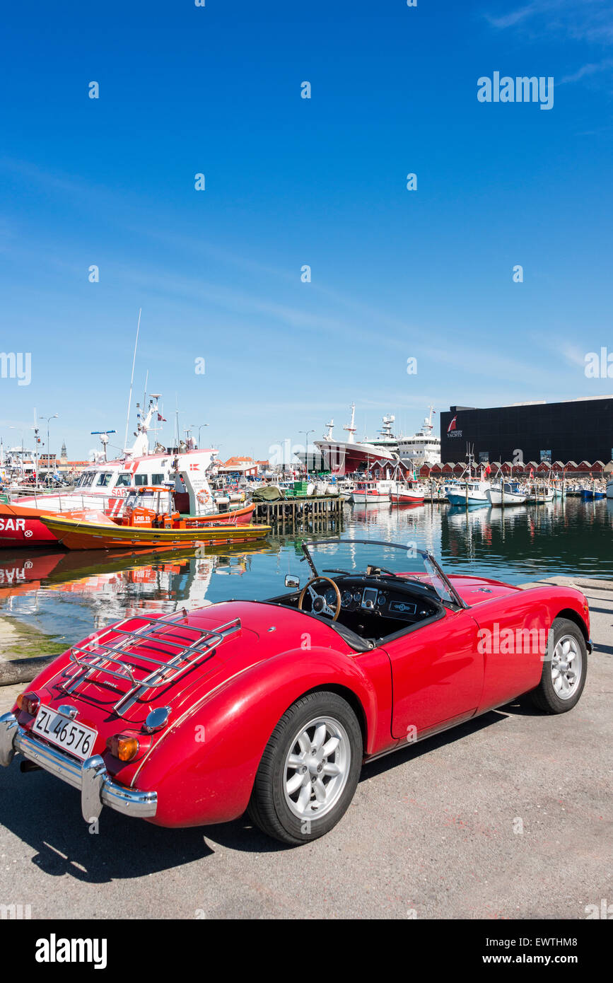 MG Sports car by boat marina, Skagen Harbour, Skagen, North Jutland ...