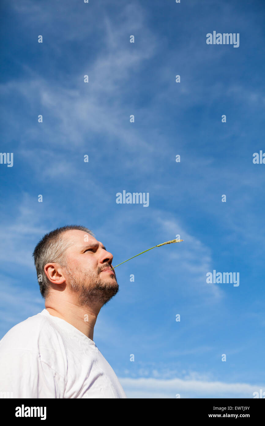 Side portrait low angle view of a man with beard chewing stem and ...
