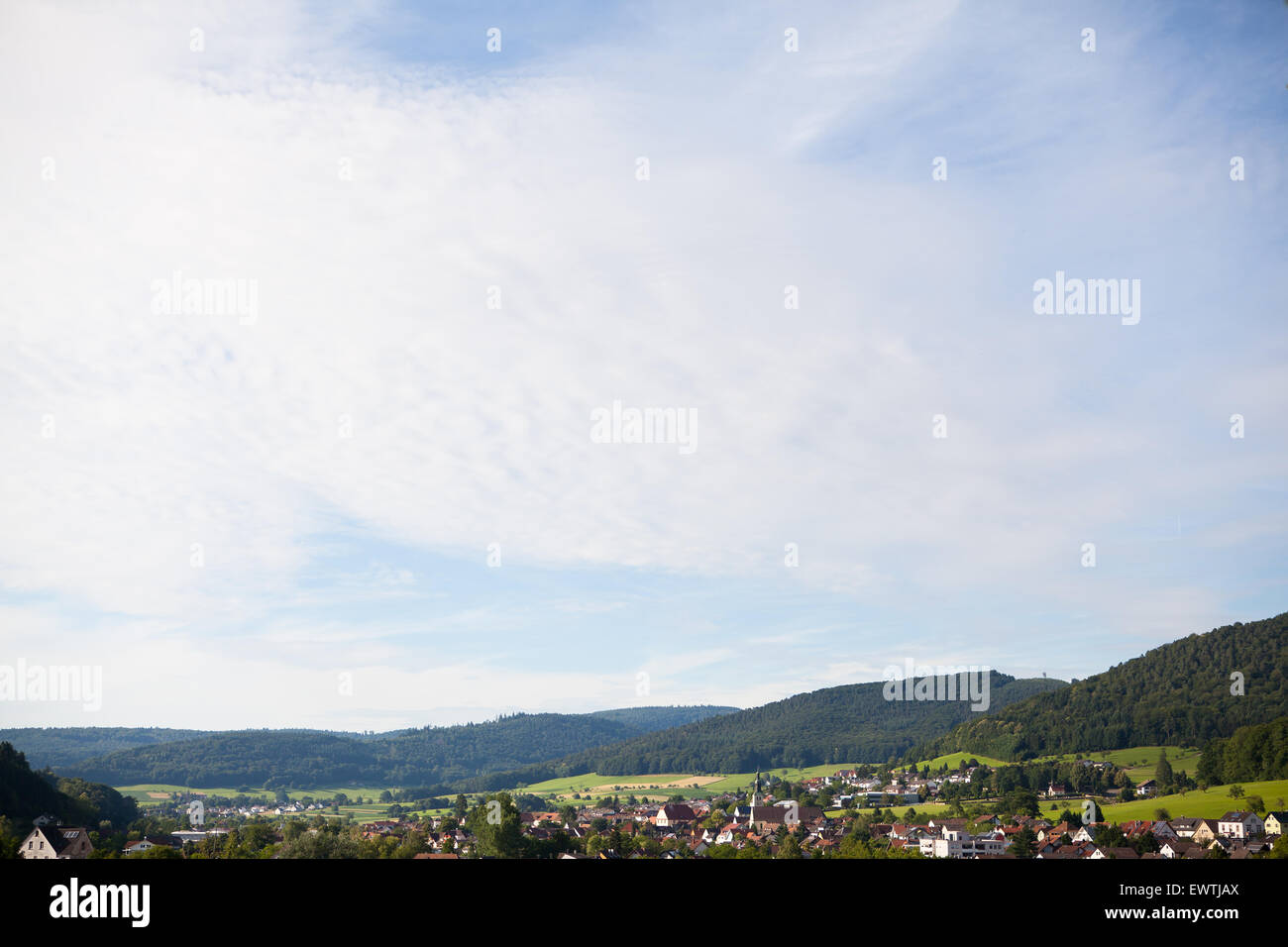 Wide landscape view on small village in South Germany with view on ...