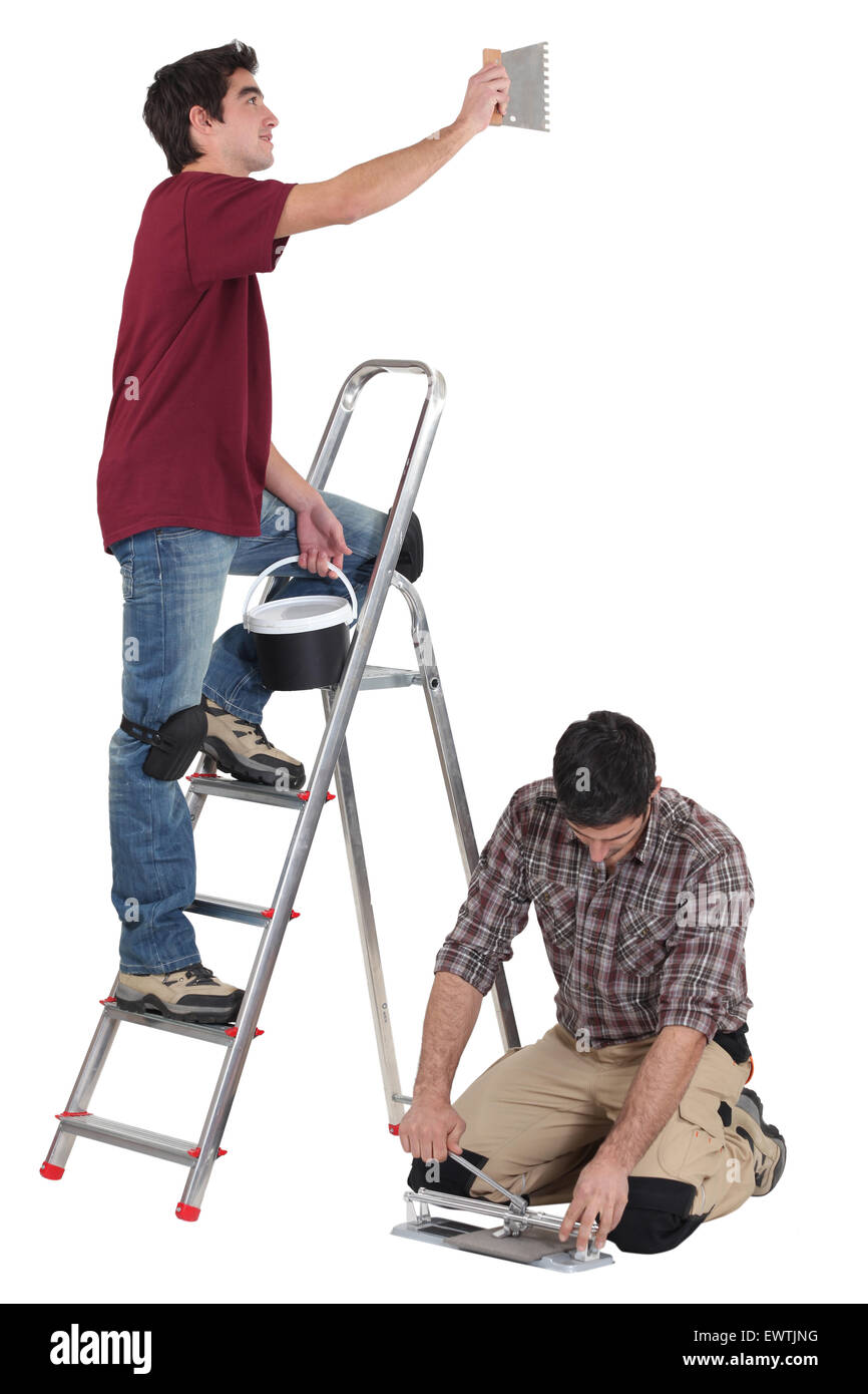 tiler and apprentice working together Stock Photo - Alamy