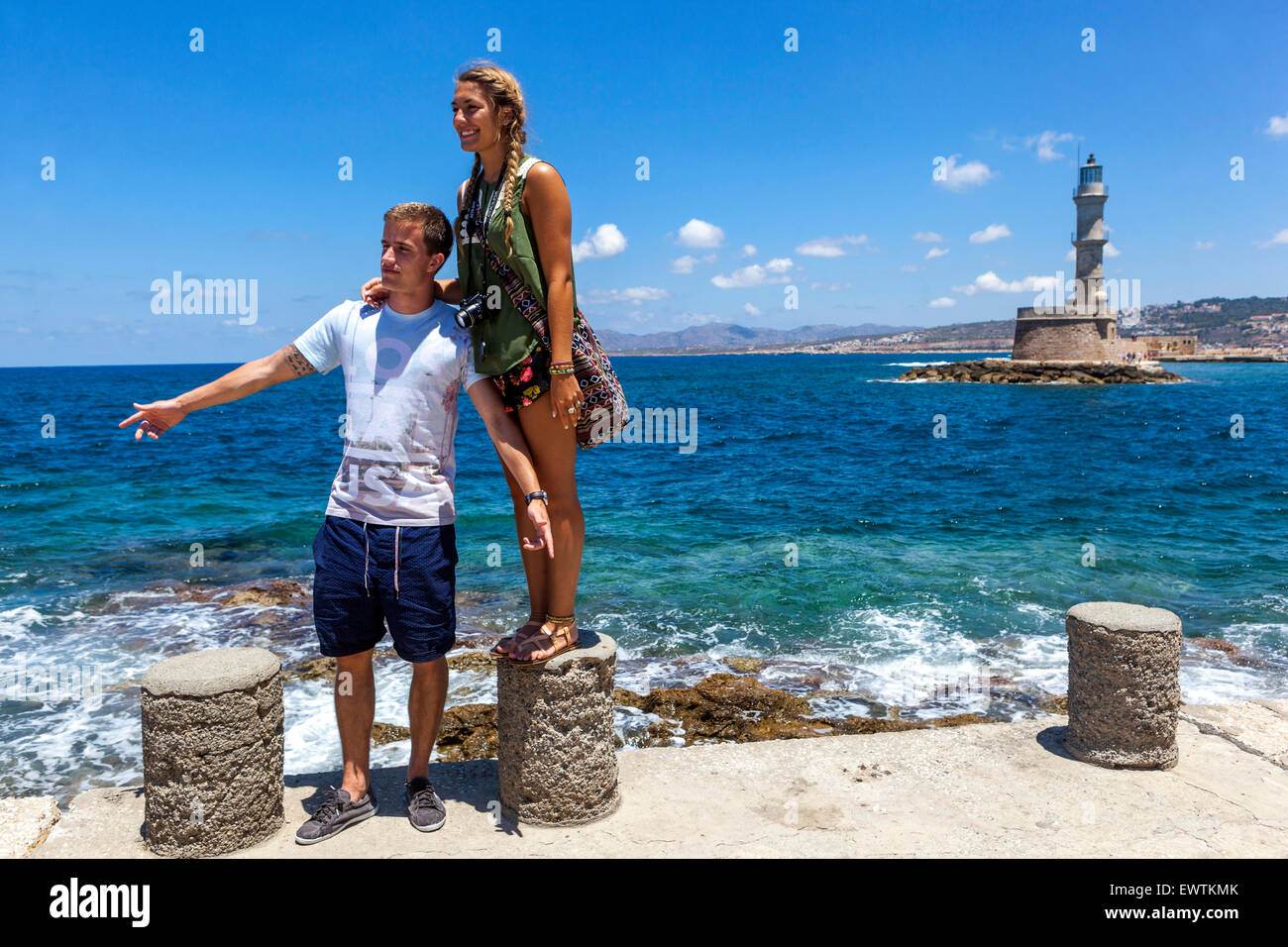 Chania Lighthouse Crete tourists Greece travel people Stock Photo - Alamy