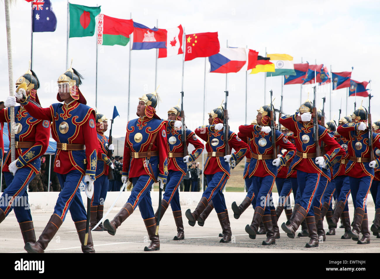 Ulan Bator, Mongolia. 1st July, 2015. Mongolian honor guards attend the ...