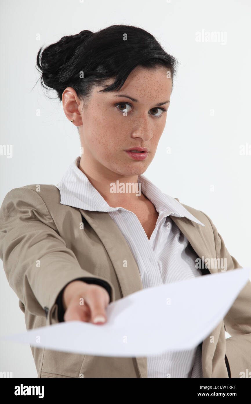 woman giving a paper Stock Photo - Alamy