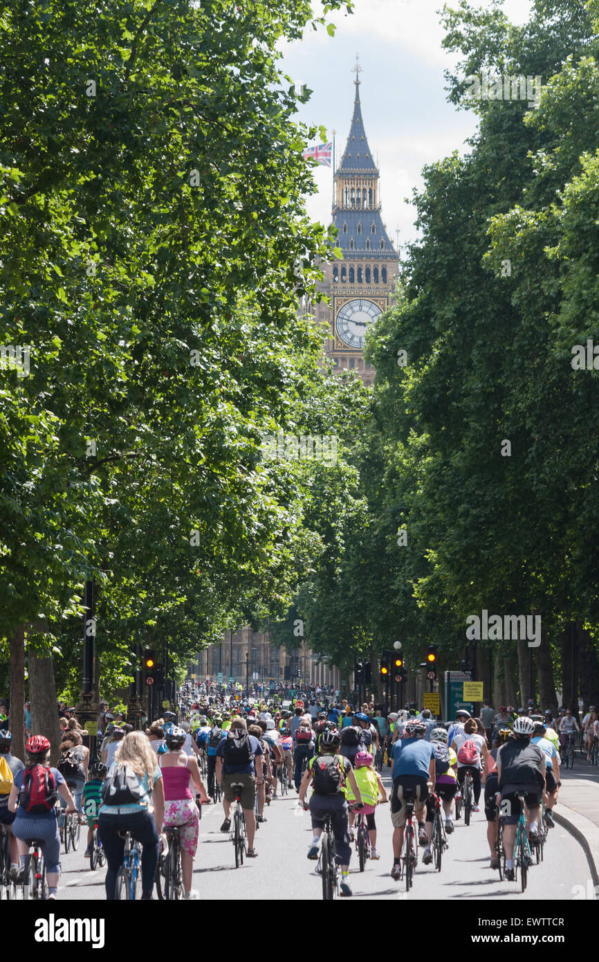 Cyclists enjoying traffic-free roads in central London with Houses of ...