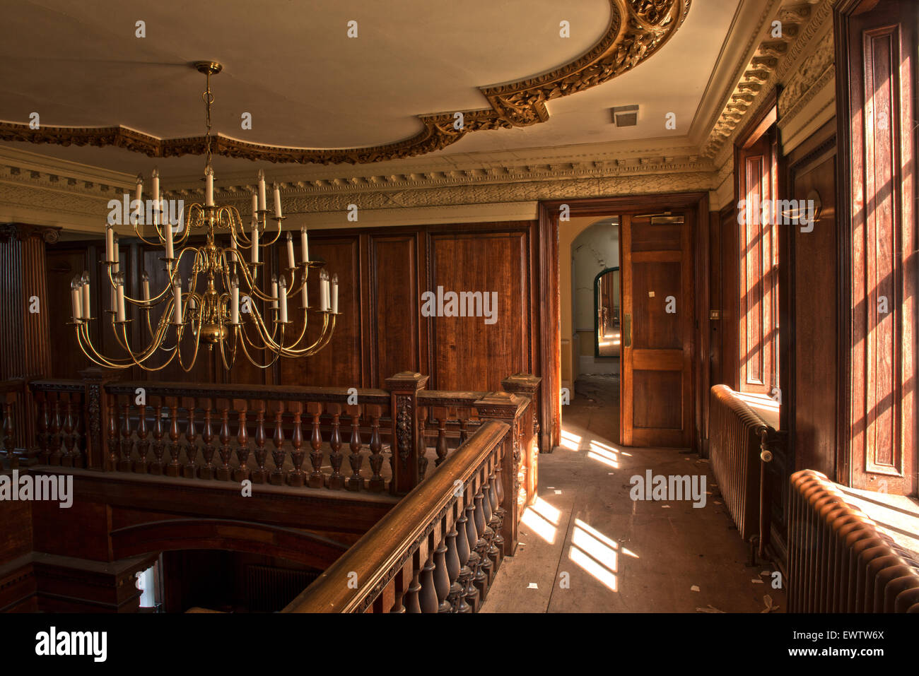 Ornate woodwork and chandelier on the staircase at Silverlands ...