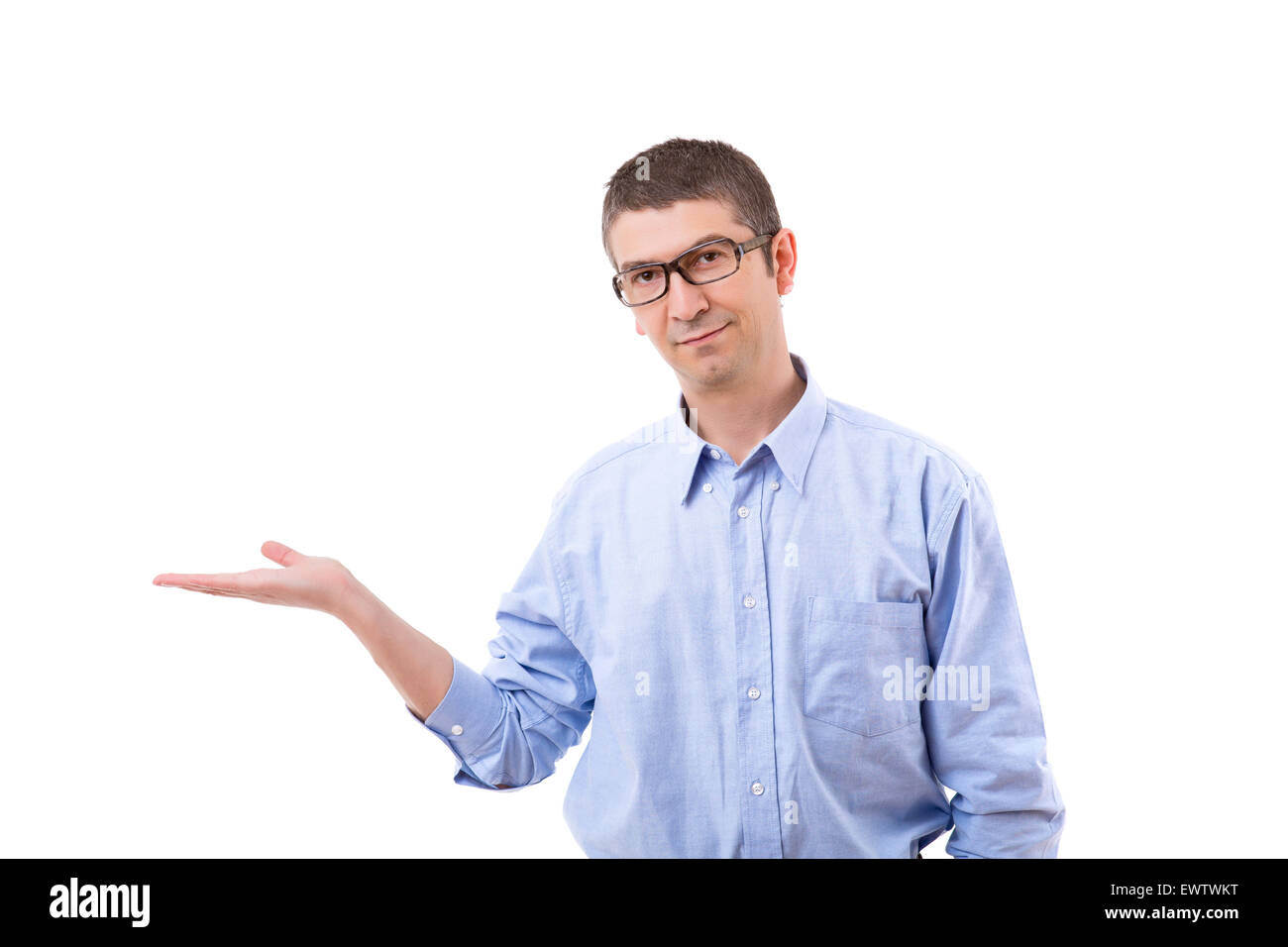 Young man presenting your product, isolated over a white background ...