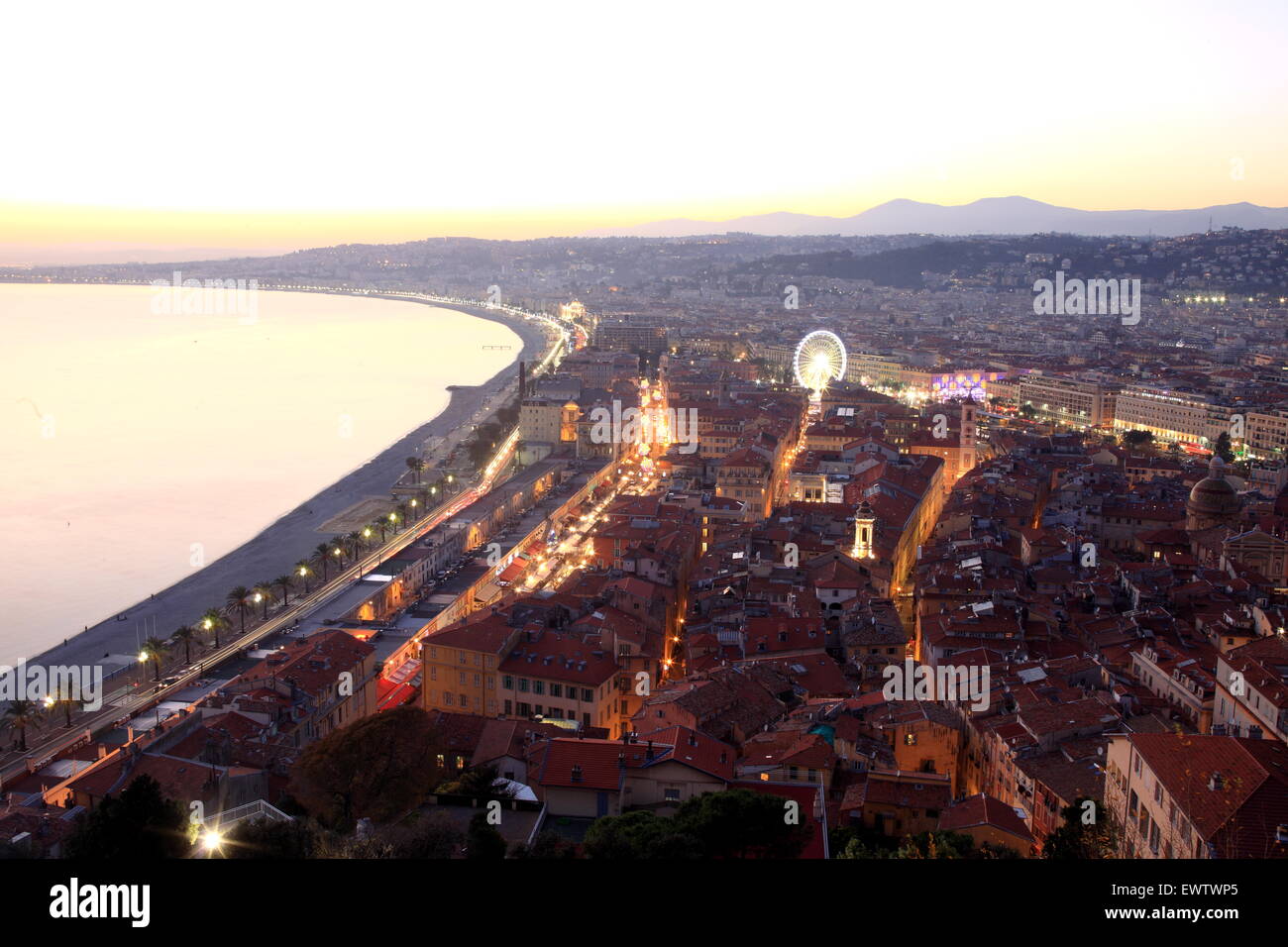 Top view above the Promenade des Anglais in Nice city at night Stock ...