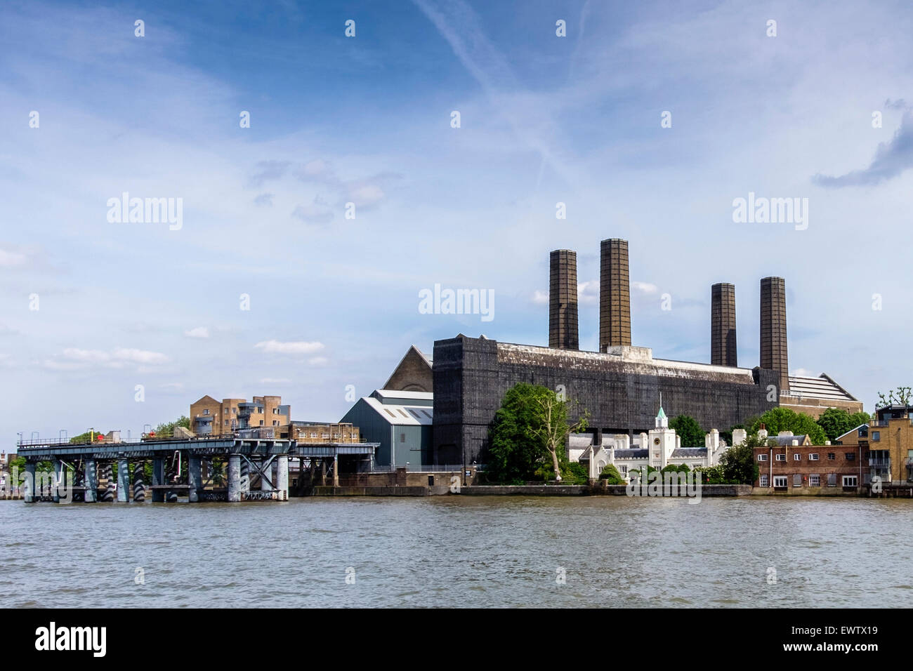 Greenwich Power station and old coal jetty pier on the river Thames ...