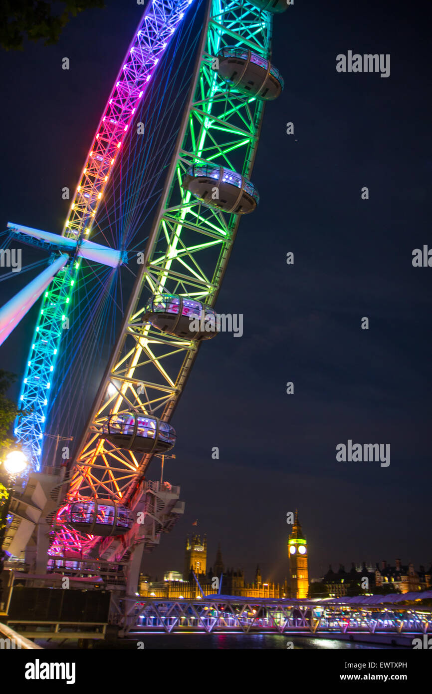 London Eye lit in rainbow for Pride in London 2015 Stock Photo - Alamy