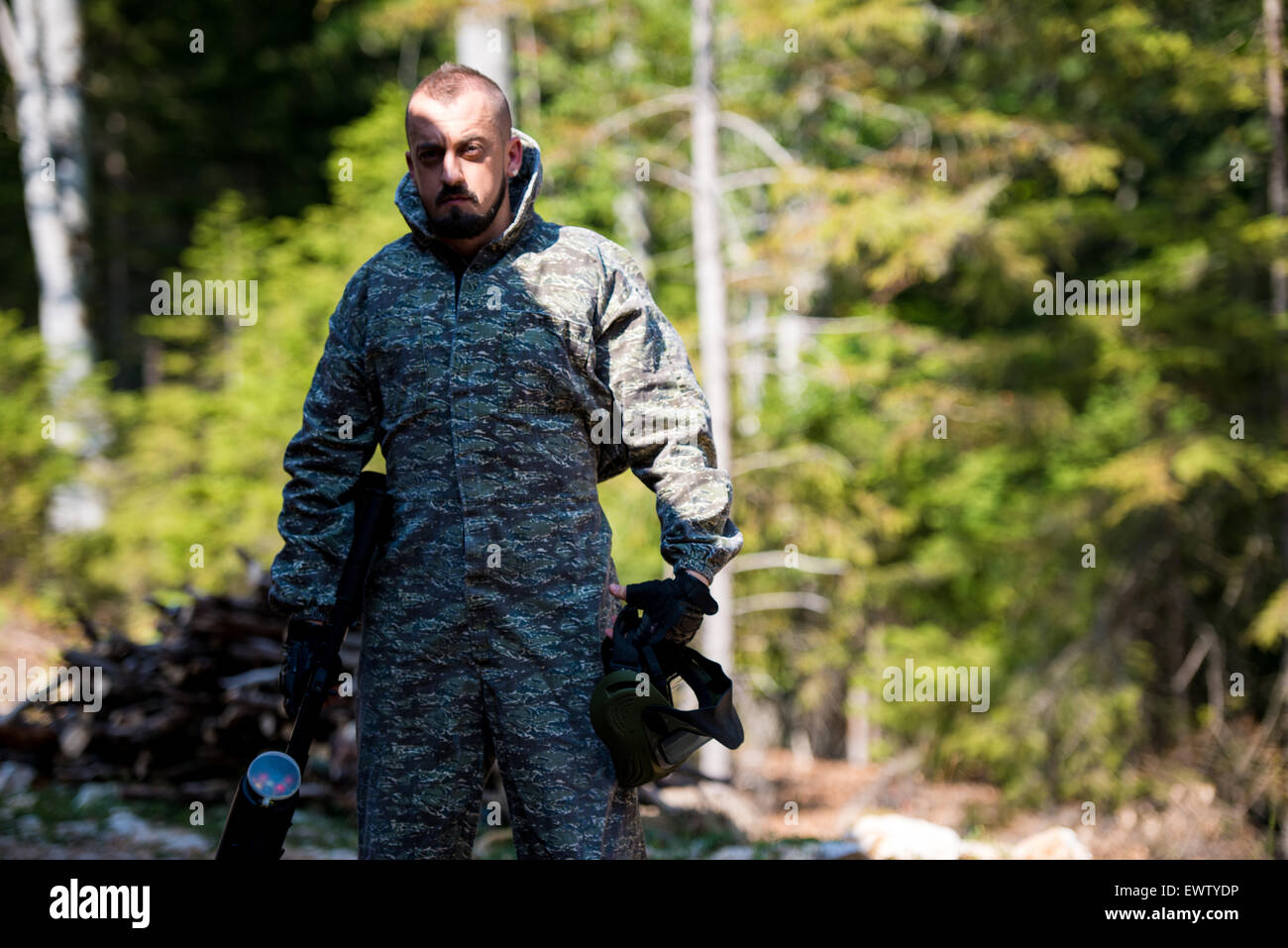 Paintball player posing for camera Stock Photo - Alamy