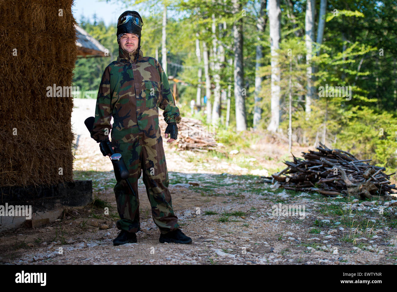 Paintball player posing for camera Stock Photo - Alamy