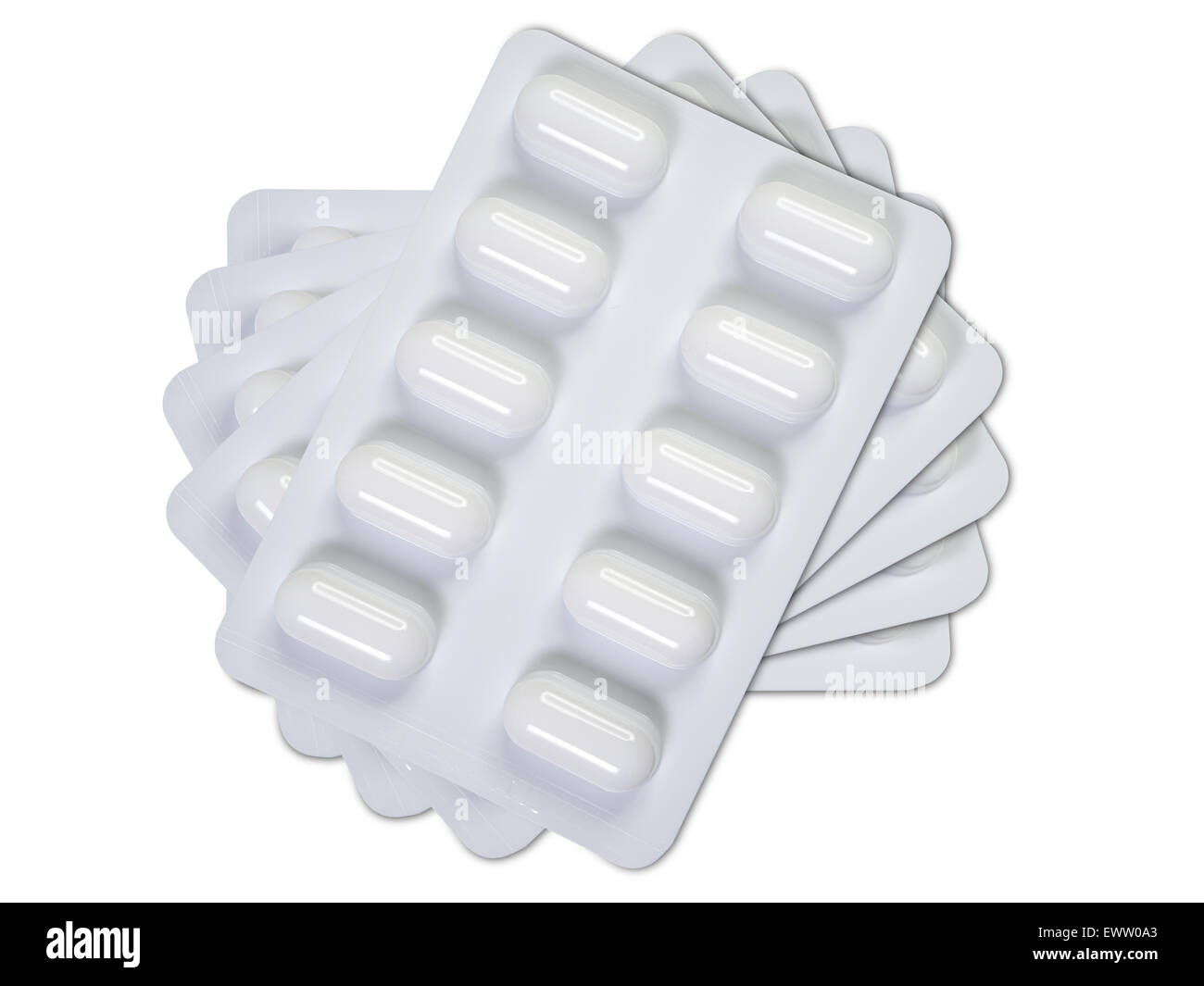 Five tablets blister packs stacked on white Background Stock Photo - Alamy