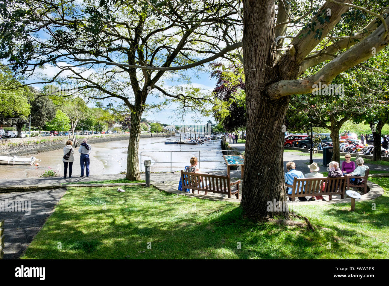 View from Kingsbridge Quay of back views of people on benches looking ...