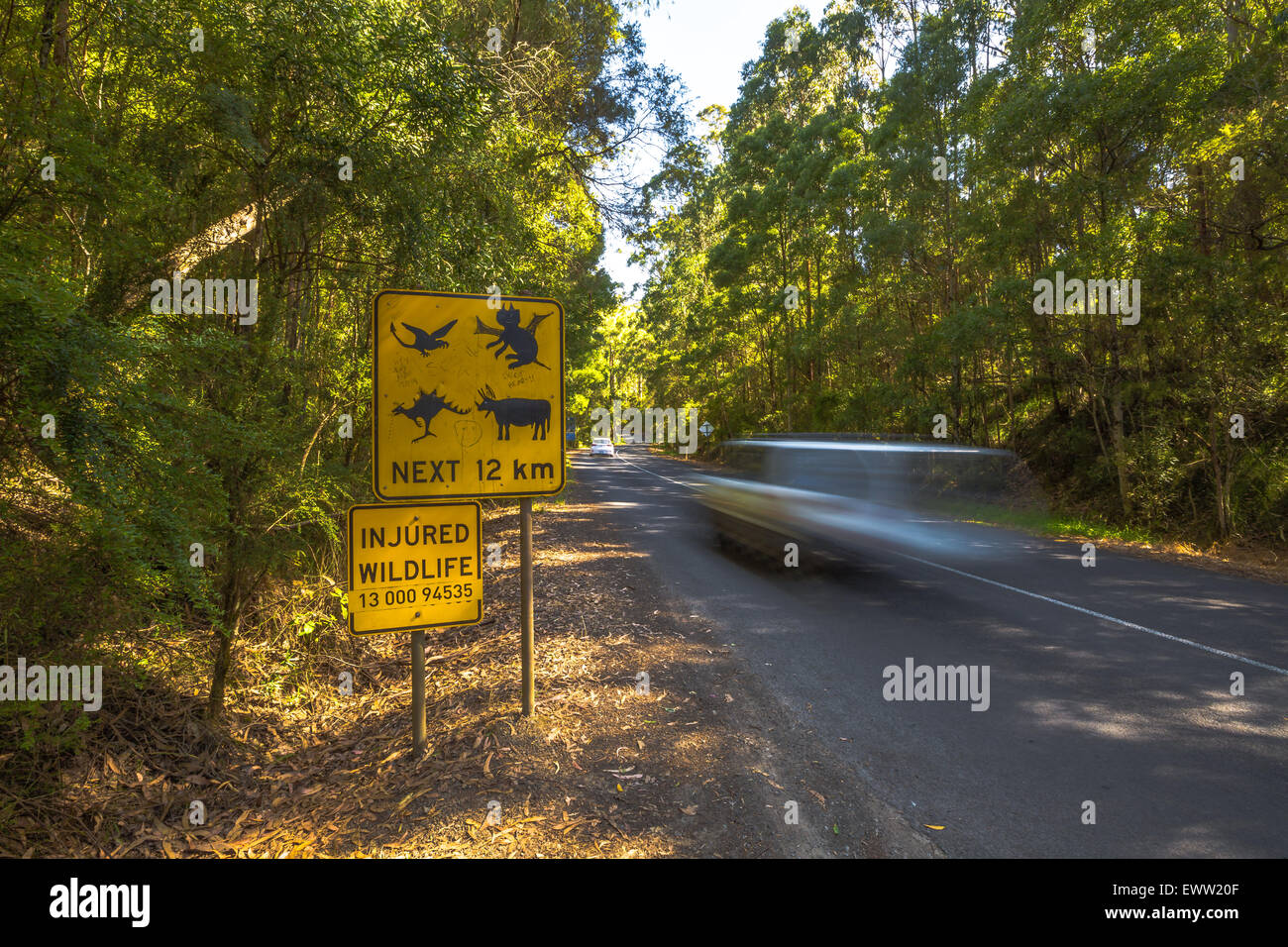 Altered warning sign about Monsters crossing on Austalian forest road ...