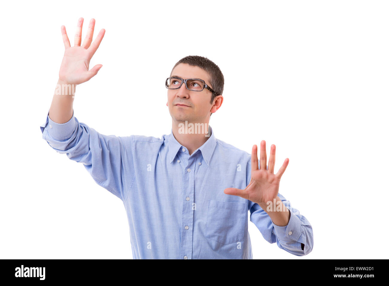 Business man pressing key, isolated over white Stock Photo - Alamy