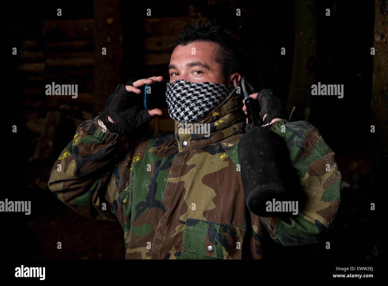 Paintball player posing for camera Stock Photo - Alamy