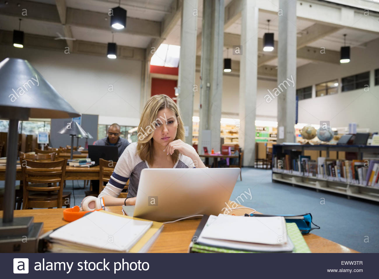 Focused college student studying at laptop in library Stock Photo - Alamy
