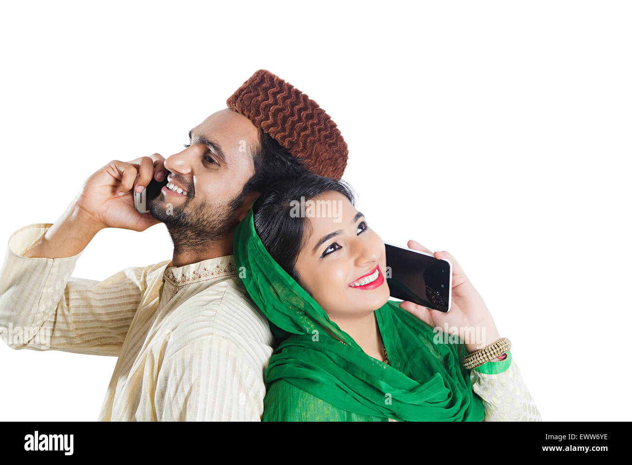 2 indian Muslim Married Couple talking Cell Phone Stock Photo - Alamy