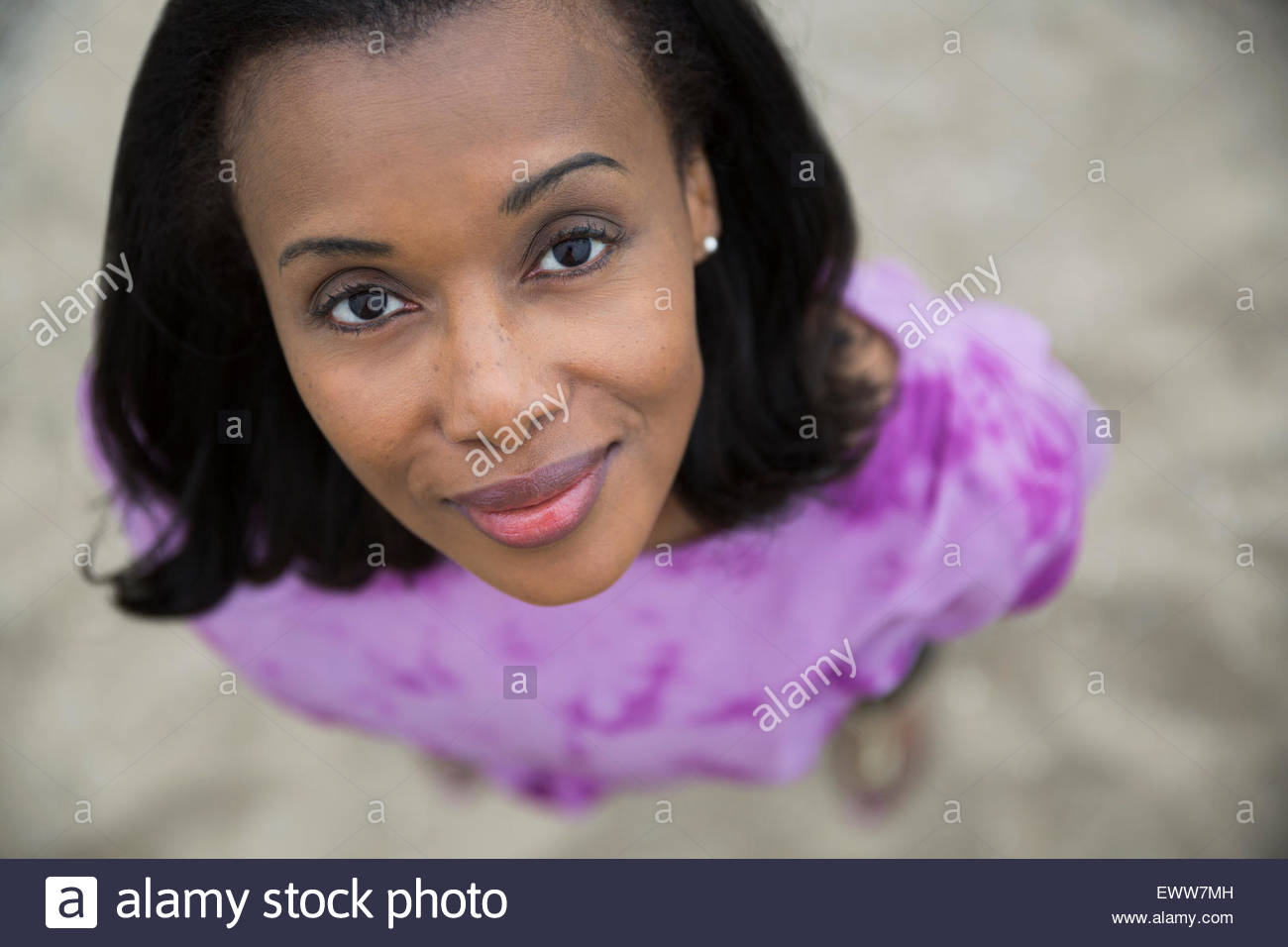 Overhead portrait smiling woman with black hair Stock Photo - Alamy