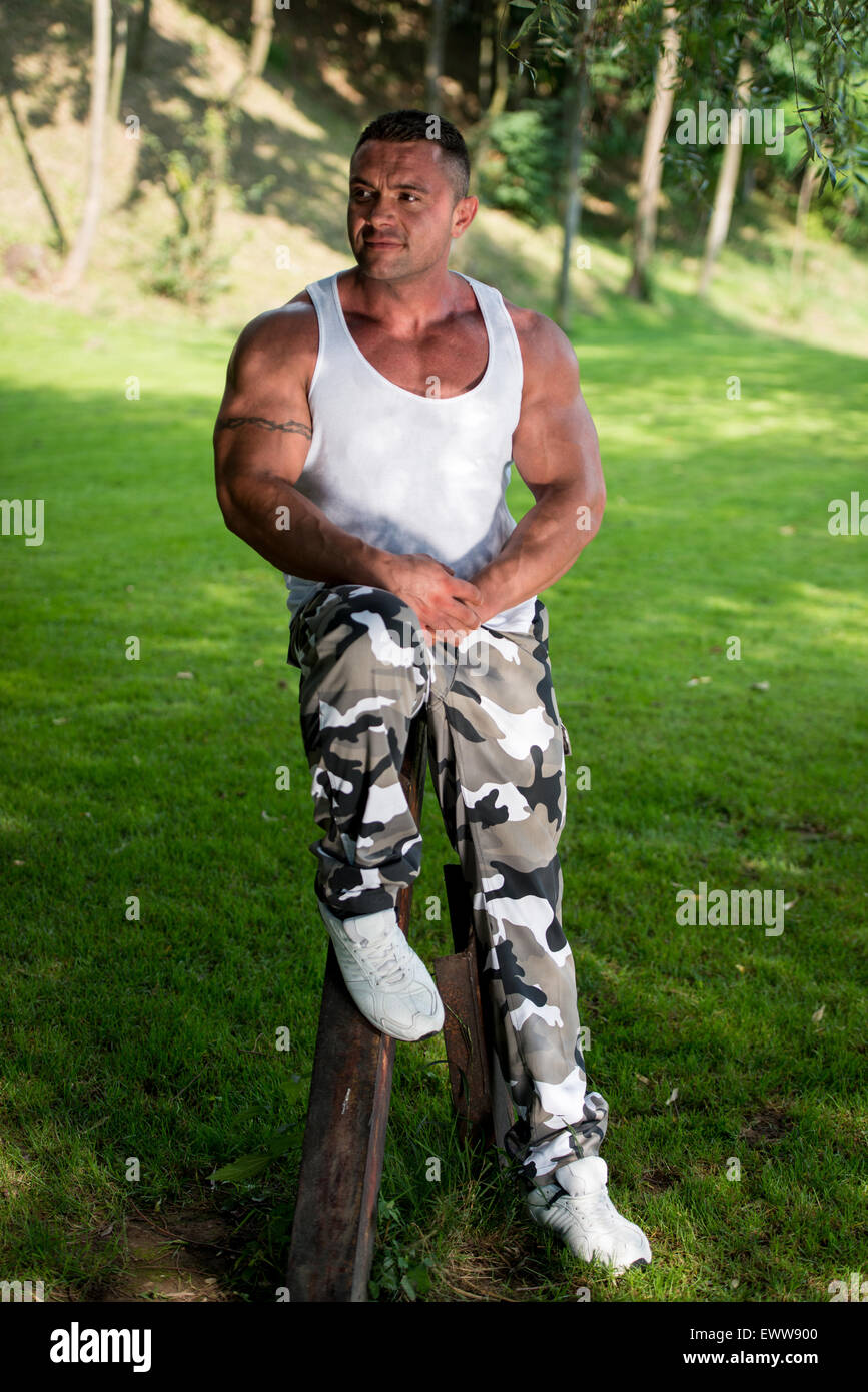 Bodybuilder Posing In A Field Stock Photo - Alamy