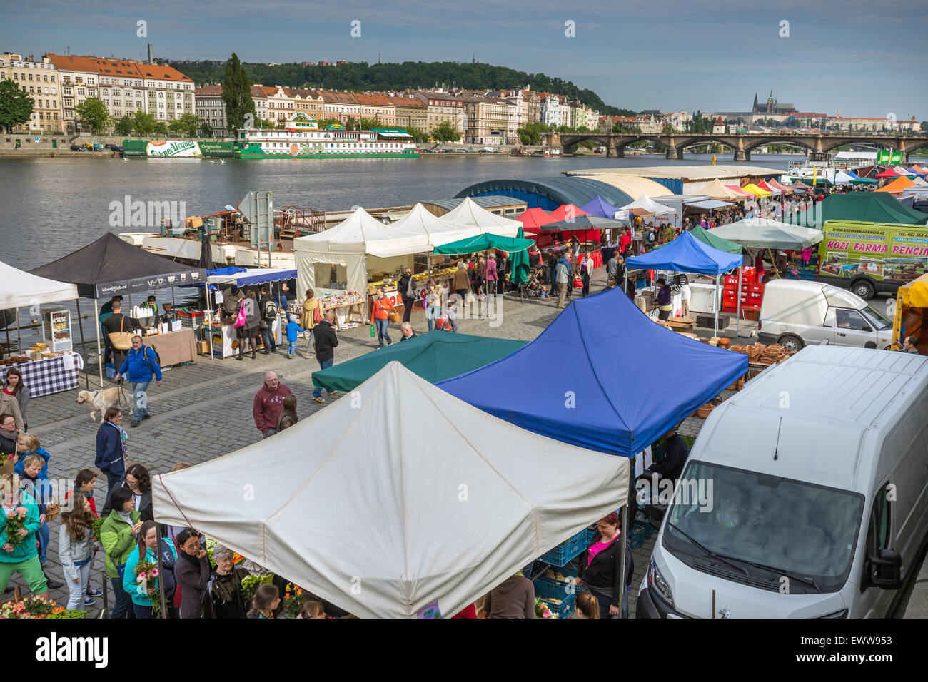 Prague street market on the embankment of river Vltava, Prague, Czech ...